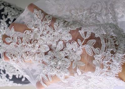 China Embroidery Pearl Floral Corded Lace Fabric , White Bridal Lace Fabric With Scalloped Edge  for sale