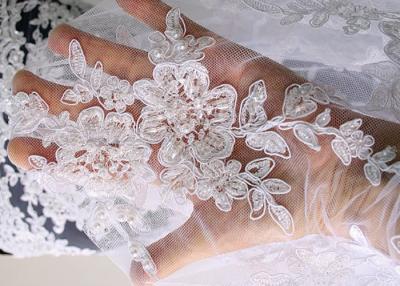 China Embroidery Pearl Floral Corded Lace Fabric , White Bridal Lace Fabric With Scalloped Edge  for sale