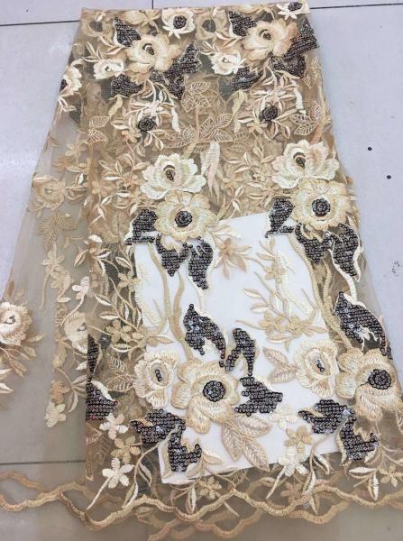 Tissu argenté de paillette d'or, tissu brodé coloré multi de dentelle de robe florale pour la robe