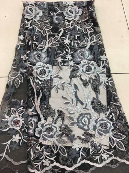 Tissu argenté de paillette d'or, tissu brodé coloré multi de dentelle de robe florale pour la robe