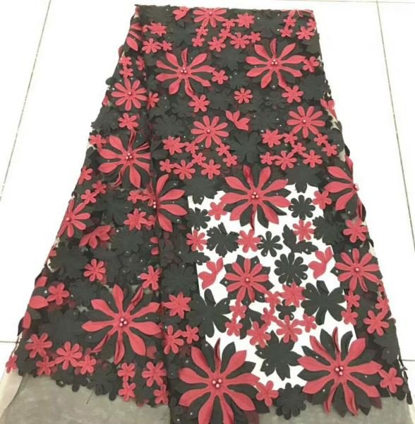 Pink 3D Flower Embroidered Mesh Lace Fabric , Sequin Beaded Lace Tulle For Dress Show