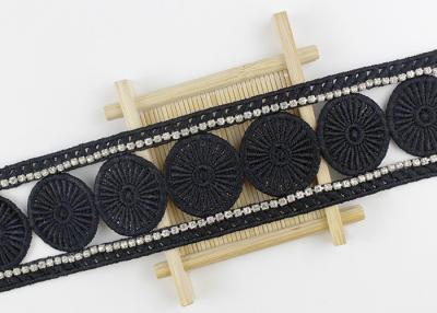 China Custom Ribbon Black Embroidered Lace Trim With Rhinestone / Embroidered Bridal Lace for sale