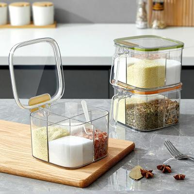 China PET Household Kitchen Salt Jar Multi Grid Function Kitchen Spice Box  With Spoon for sale