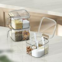China PET Household Kitchen Salt Jar Multi Grid Function Kitchen Spice Box  With Spoon for sale
