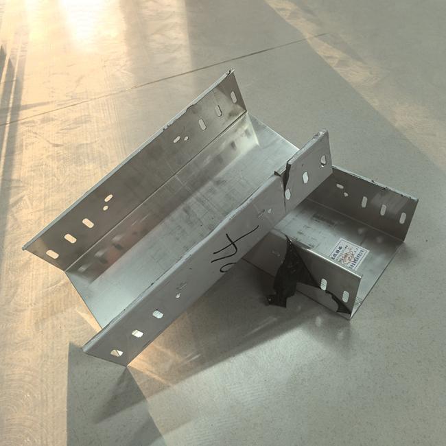 Close-up view of stainless steel cable tray channels and mounting features