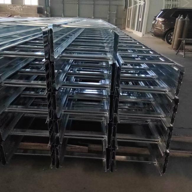 Close-up view of galvanized steel ladder cable tray construction