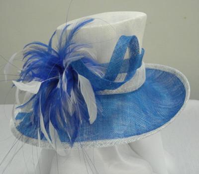 China White / Royal Blue Sinamay Ladies Hats Sinamy Loop Feather For Horse Racing for sale