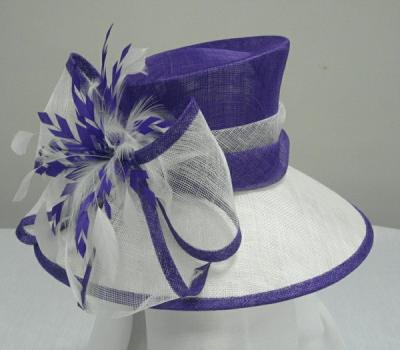 China Purple / White Sinamay Ladies Hats Big Sinamay Bow And Fether Trim For Wedding for sale