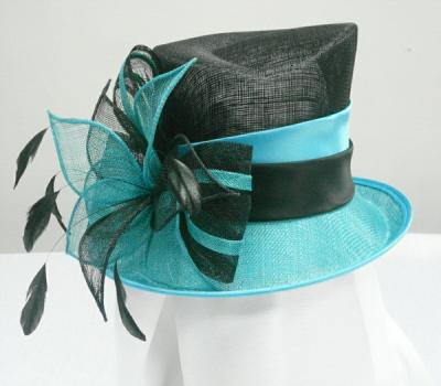 China Black / Turquoise Sinamay Ladies Hats Satin Feather Trim For Horse Racing for sale