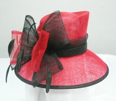 China Red / Black Sinamay Ladies Hats Sinamay Bow And Feather Trim For Church for sale