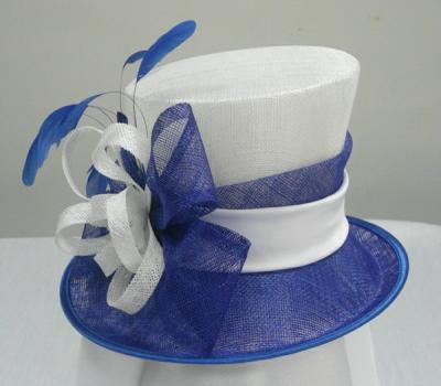China White / Royal Blue Sinamay Ladies Hats For Horse Racing With Satin & Feather Trim for sale
