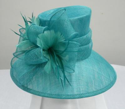 China Wedding Turquoise Sinamay Ladies Hats Feather Trim With Sinamay Loops for sale