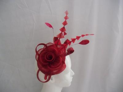 China Sinamay Red Ladies Fascinator Hats Feather Trim For Special Occasion for sale