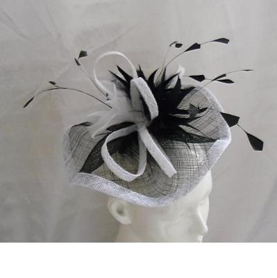 China Black / White Ladies Fascinator Hats Feather Trim With 1.3cm Satin Covered Headband for sale