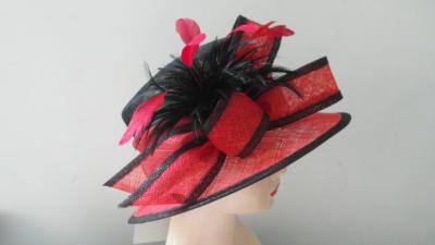 China Custom Red Abaca Sinamay Ladies Hats , Women Party Caps With Bow Feathers for sale