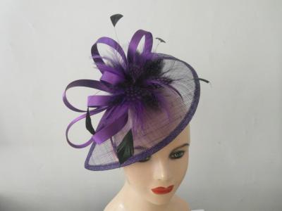 China Pretty Sinamay Purple Ladies Fascinator Hats With Coque Feather, Satin Strpe for sale