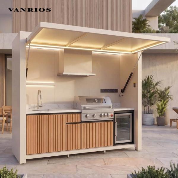 Quality Minimalist Waterproof Aluminum Outdoor BBQ Pod With Wood Grain Finish Solid Perimeter Panel for sale