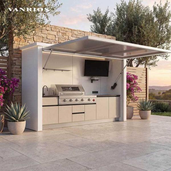 Quality UV Resistant Aluminum Outdoor Kitchen Pod Refrigerator Bay Electric Hydraulic Door BBQ Cooking Station for sale