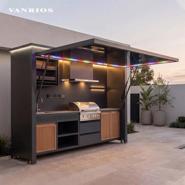 Quality Wood Look Outdoor Kitchen Pod Waterproof Smart High Output Aluminum Grill Station for sale