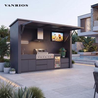 China 100% Rust Proof Aluminum Outdoor Kitchen Pod Bbq With Rock Slab Countertop LED Lights And OEM for sale