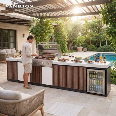 China Commercial Grade Modular Outdoor Kitchen Sets Weatherproof Wood Grain Aluminum BBQ Cabinet Station for sale