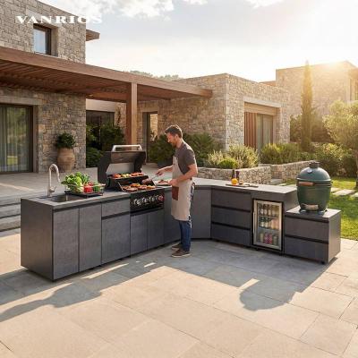 China Fully Assembled Aluminum Outdoor Kitchen Set With Luxury Rock Plate Countertop & IP67 Waterproof BBQ Grill for sale