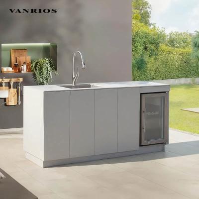China Gray White Aluminum Outdoor Kitchen Cabinet Set With Rock Plate Countertop for sale