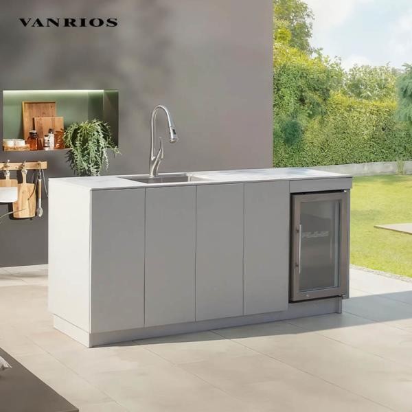 Quality Gray White Aluminum Outdoor Kitchen Cabinet Set With Rock Plate Countertop for sale