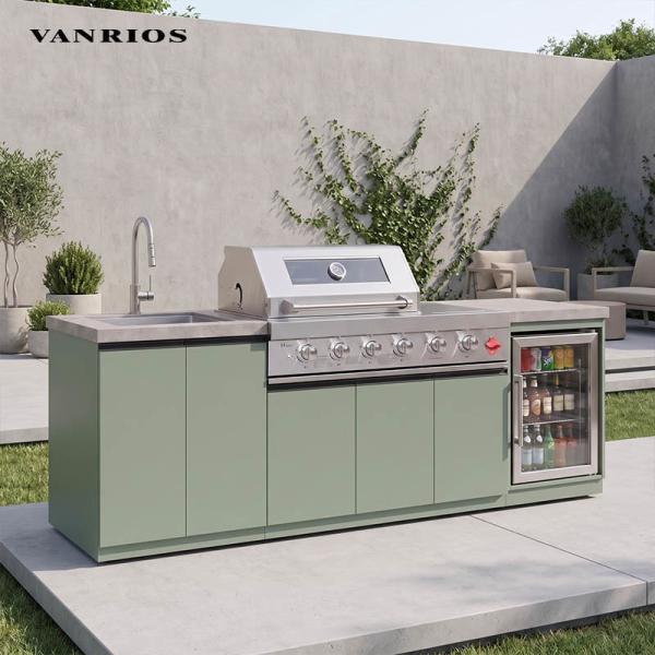 Quality Green Finish Prefab Outdoor Kitchen Island With Grill Sink & Refrigerator for sale