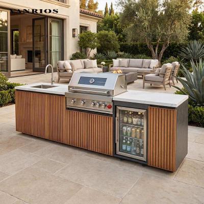 China Modern Aluminum Outdoor Kitchen Island with Built-In Gas Grill, Sink, Beverage Cooler and Slatted Cabinet Storage for Patio Entertaining for sale