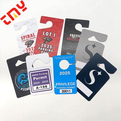 China Custom Plastic PVC RFID Parking Hang Tag Rearview Mirror Hanging Sign Temporary Car Parking Pass Reusable Permit Labels for sale