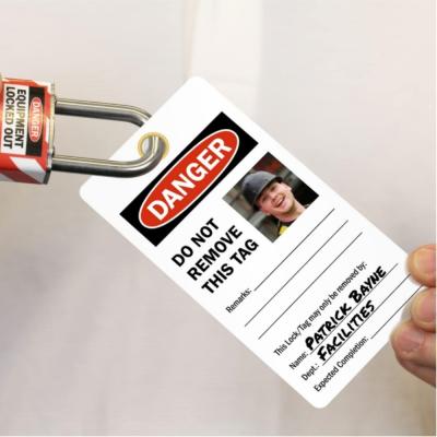 China Custom Do Not Operate Locked Out Tag Vinyl Plastic Self-Laminating 2-Sided Danger Safety Tags With Photo And Grommet Eyelet for sale