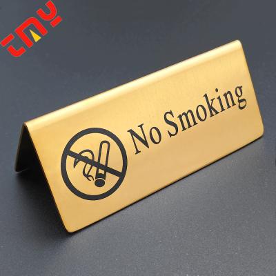 China Custom Stainless Steel Metal No Smoking Sign Silkscreen Printing Waterproof Business Hotel Indoor Outdoor Brushed Gold Silver for sale
