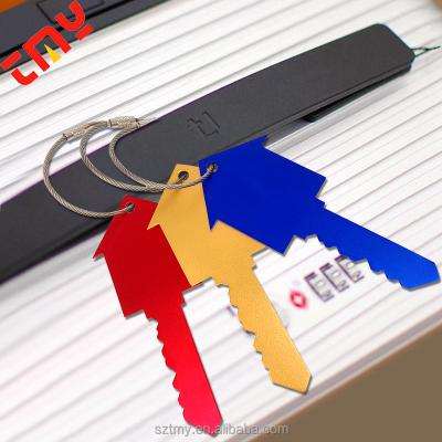 China Custom Metal Aluminum Luggage Tags Personalized Funny Bulk Key Shape Airport Suitcase Durable Blank Sign for sale