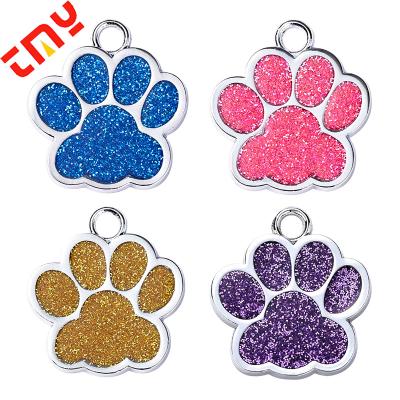 China Colorful Glitter Bling Dog Paw Print Cute Dog Tag With Highly Polished Metal Pet Engraved Name Id Pendant Necklace for sale