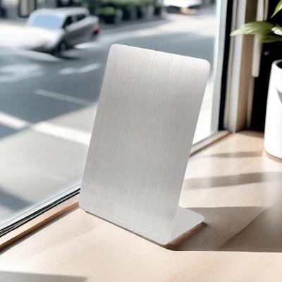 China Custom Design Brushed L Shape Stainless Steel Blank Metal Sign Display For Table Business for sale