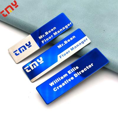 China Reusable Mirror Gold Plated Name Badge Custom Metal Identification Badge For Waiter Uniform Blank Engravable Design for sale