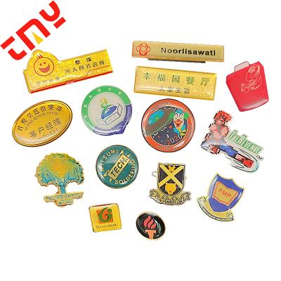 China Custom Printed Metal Epoxy Covering Gold Name Badges Lapel Pin Retractable With Magnetic Back for sale