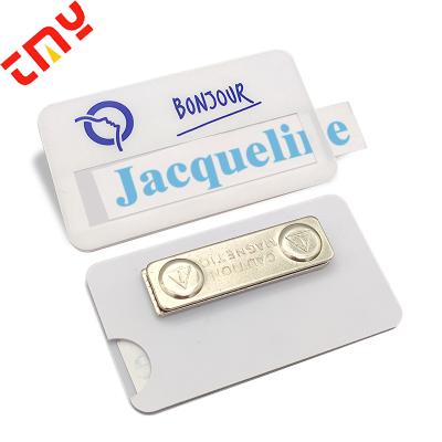 China Wholesale Custom Design Logo White Reusable Magnetic Plastic Name Tag Badge for sale