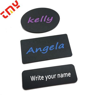 China Factory Price Custom logo Reusable Writable Plastic Black Chalkboard Name Tags Badges with Magnet or Pin for sale
