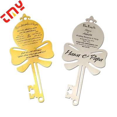 China Custom Design Luxury Etched Key Shape Stainless Steel Metal Wedding Invitation Card for sale