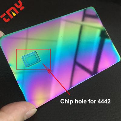 China Custom Stainless Steel Blank Metal Credit Card Rainbow With EMV Chip Slot Chameleon Chrome Laser Engraved for sale