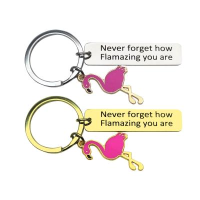 China Metal Promotional Gift Custom Keychain With Key Ring Private Engrave DIY Design How Flamazing Inspirational Flamingo for sale