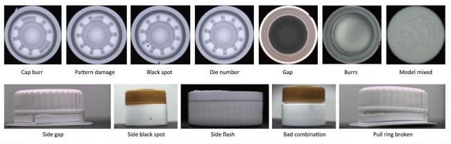 Defects detection examples in caps and closures