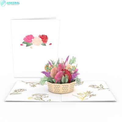 China Cheap Price High Quality 3D Pink Rose Basket Pop-up Cards Best Birthday Gifts for Mom for sale