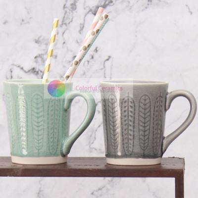 China ceramic 320ml mug crackle glaze household cup drinking cup coffee cup embossed mug for sale