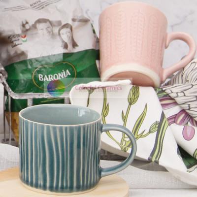 China ceramic 320ml mug crackle glaze household cup drinking cup coffee cup embossed mug for sale