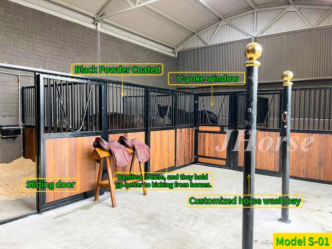 Modern European style horse stall with swivel feeders