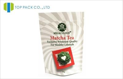 中国 100gグラビア印刷の印刷物の白いクラフト紙はホイルの袋のMatchaの茶ジッパーの上を立てます 販売のため