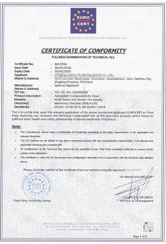 CERTIFICATE OF CONFORMITY - Quzhou Kingkong Machinery Co., Ltd.